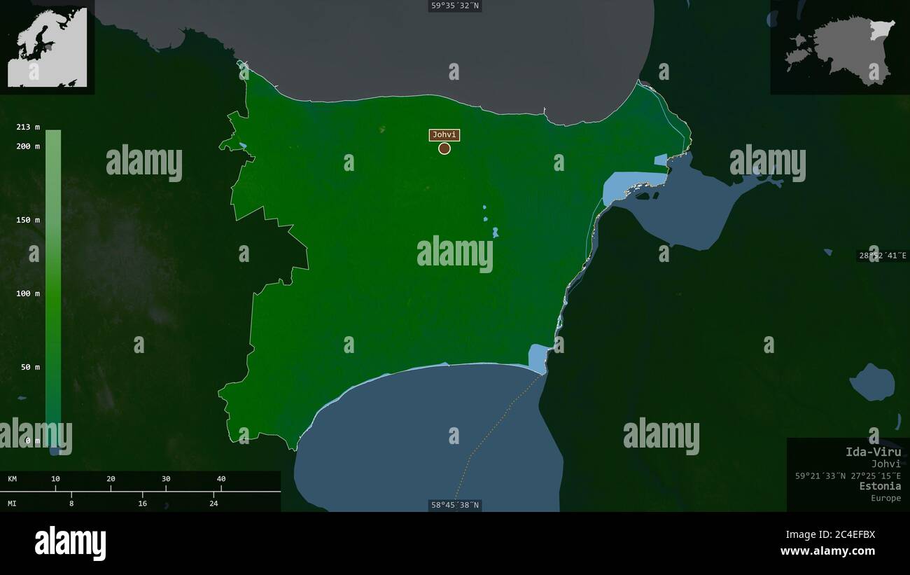 Ida-Viru, county of Estonia. Colored shader data with lakes and rivers ...