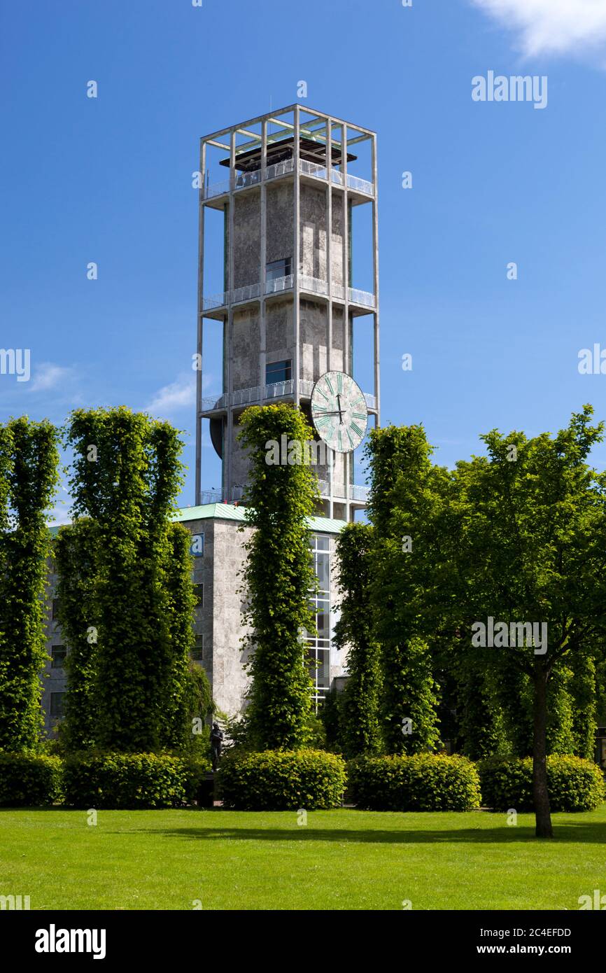 Clock tower of Aarhus Radhus (town hall) in Danish modernism style ...