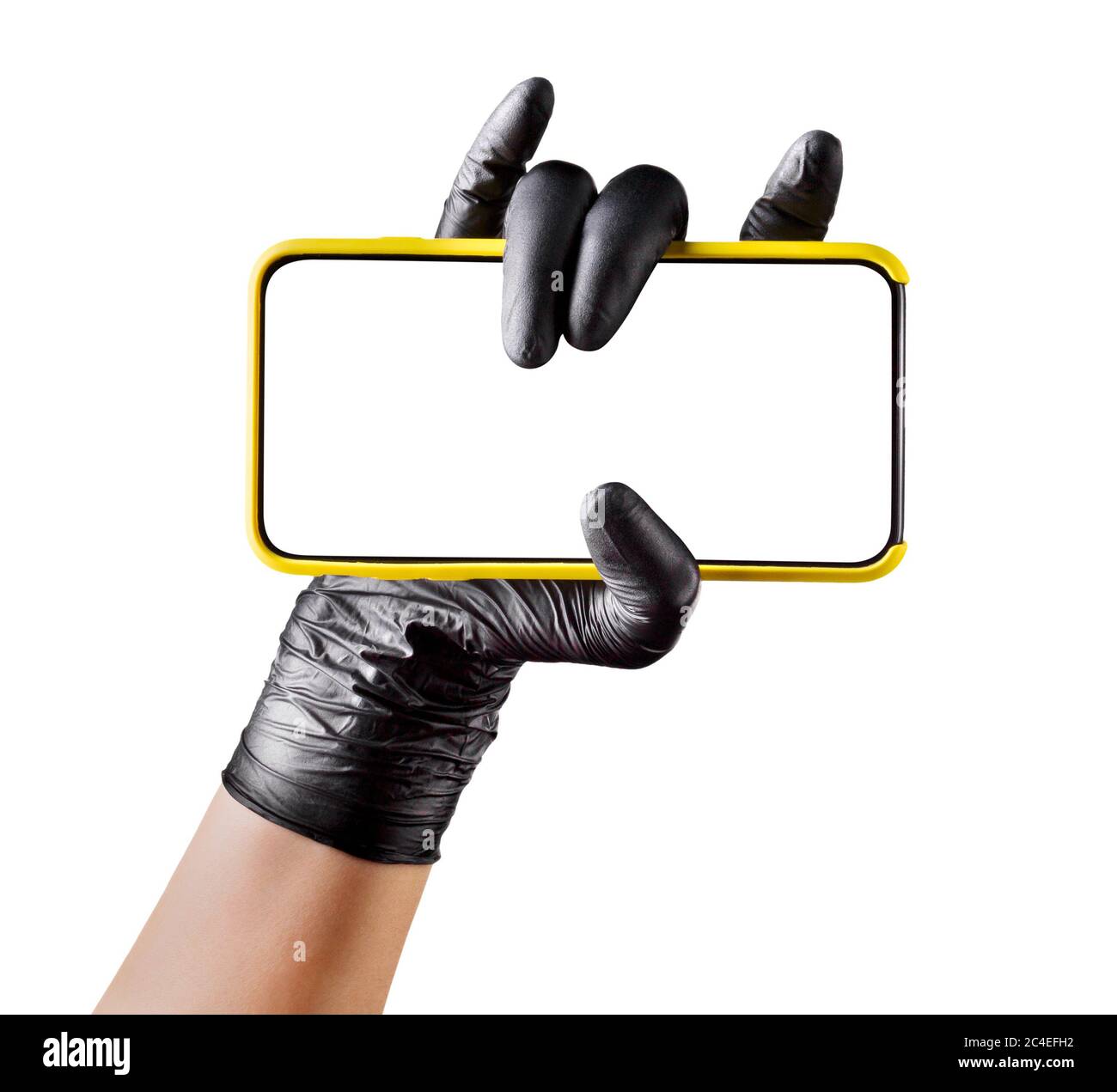 Hand in black glove holding mobile phone with blank screen isolated on ...