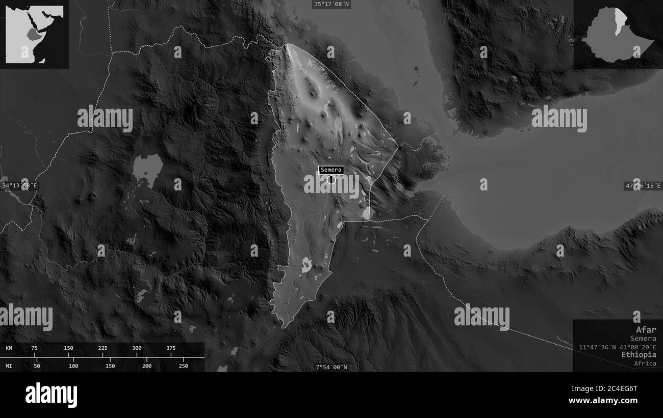 Afar, state of Ethiopia. Grayscaled map with lakes and rivers. Shape ...