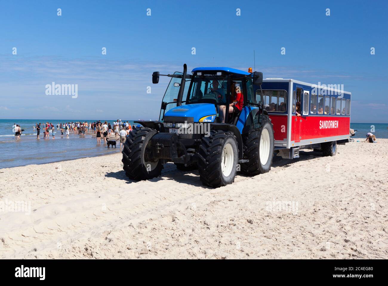 Sandormen tractor-drawn bus on Grenen, Skagen, Jutland, Denmark, Europe ...