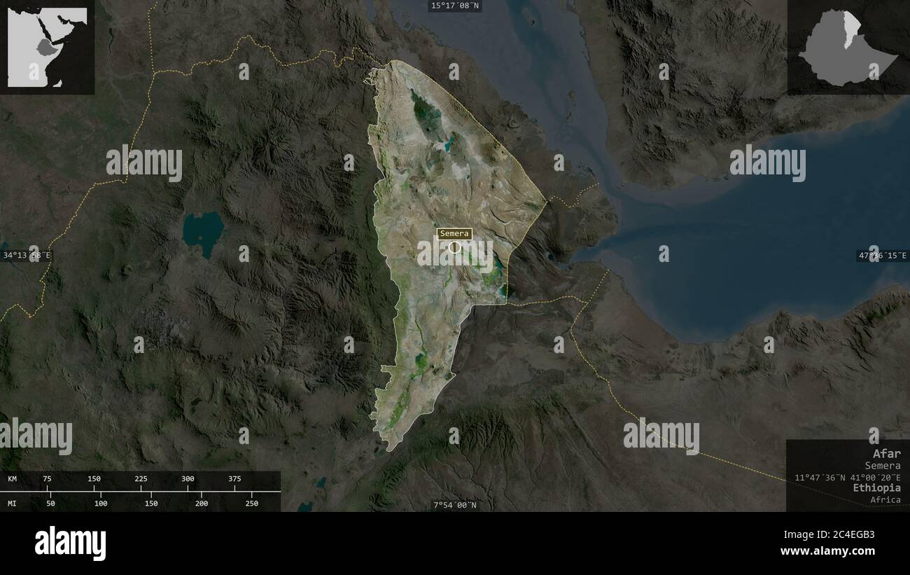 Afar, state of Ethiopia. Satellite imagery. Shape presented against its ...