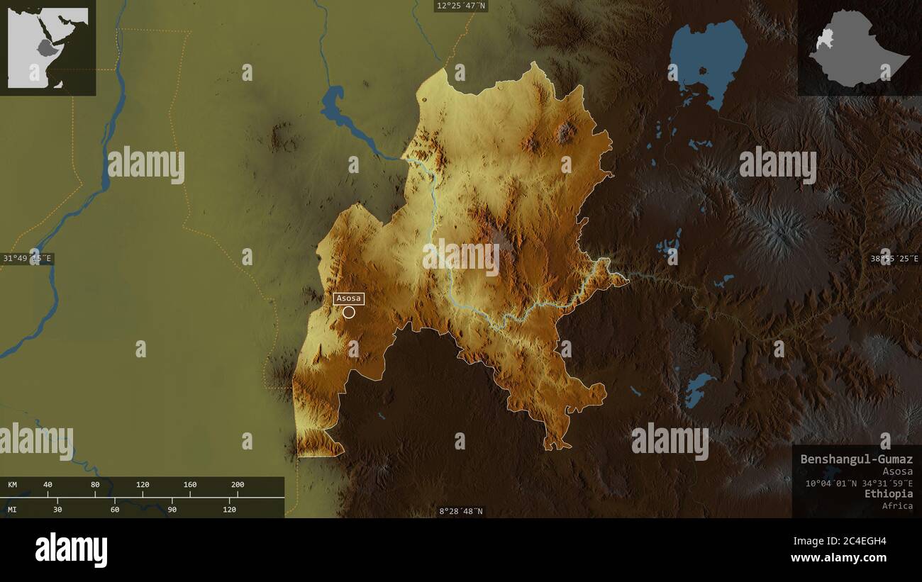 Benshangul-Gumaz, state of Ethiopia. Colored relief with lakes and ...