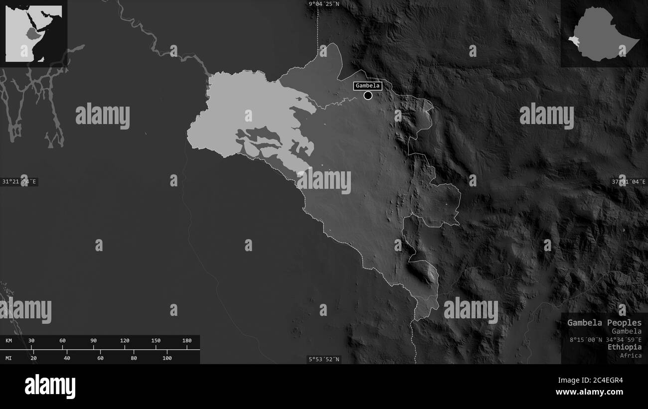 Gambela Peoples, state of Ethiopia. Grayscaled map with lakes and ...