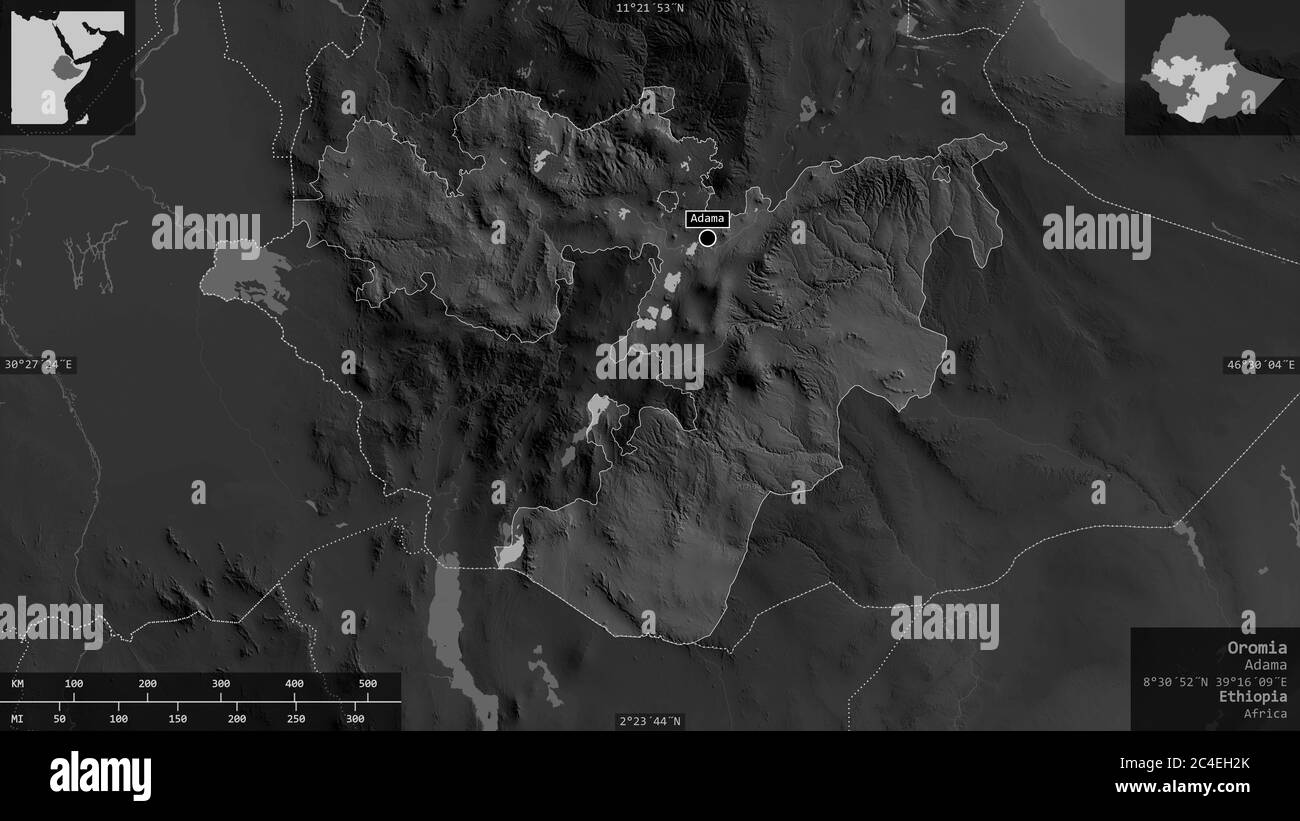 Oromia, state of Ethiopia. Grayscaled map with lakes and rivers. Shape ...