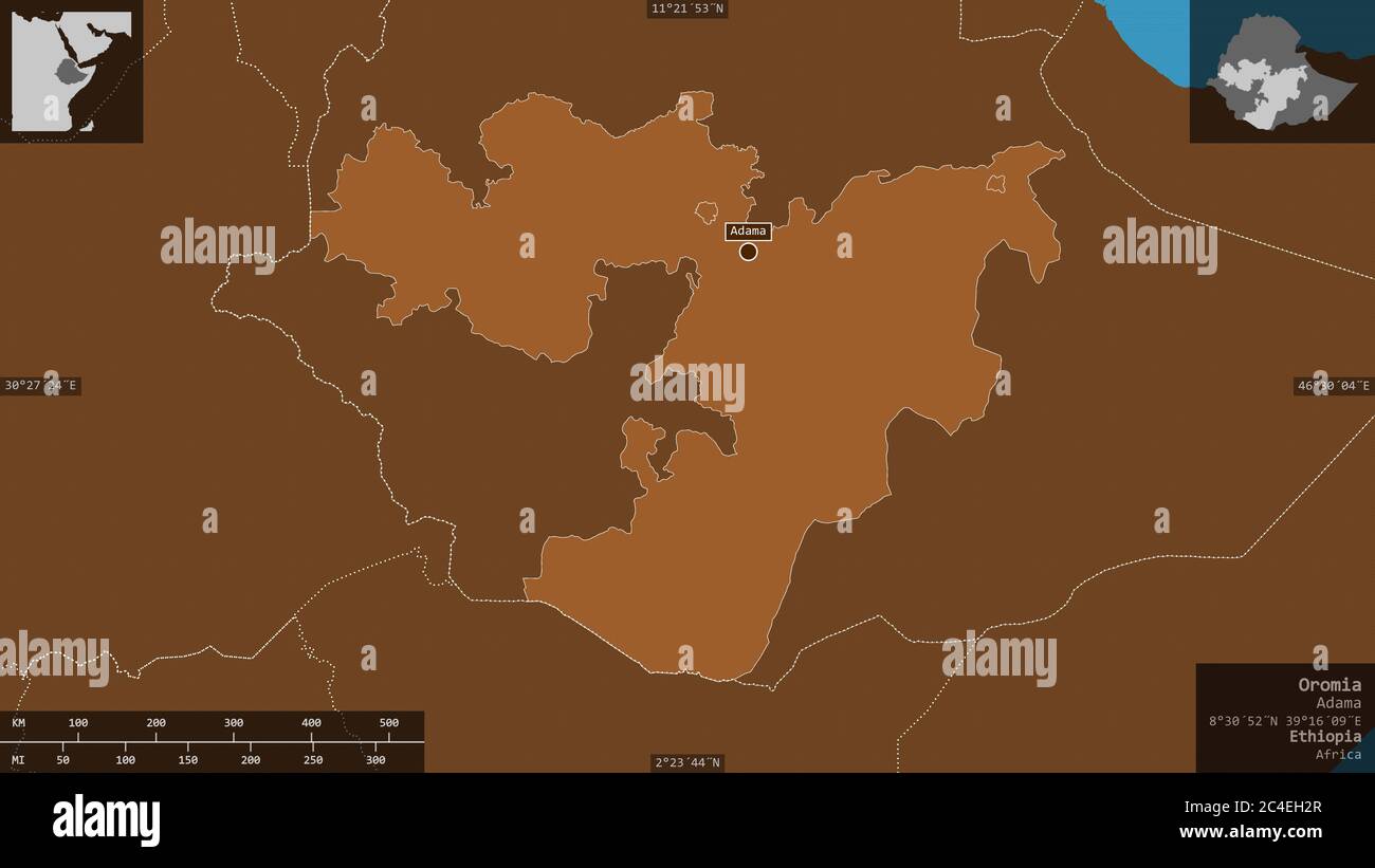 Oromia, state of Ethiopia. Patterned solids with lakes and rivers ...