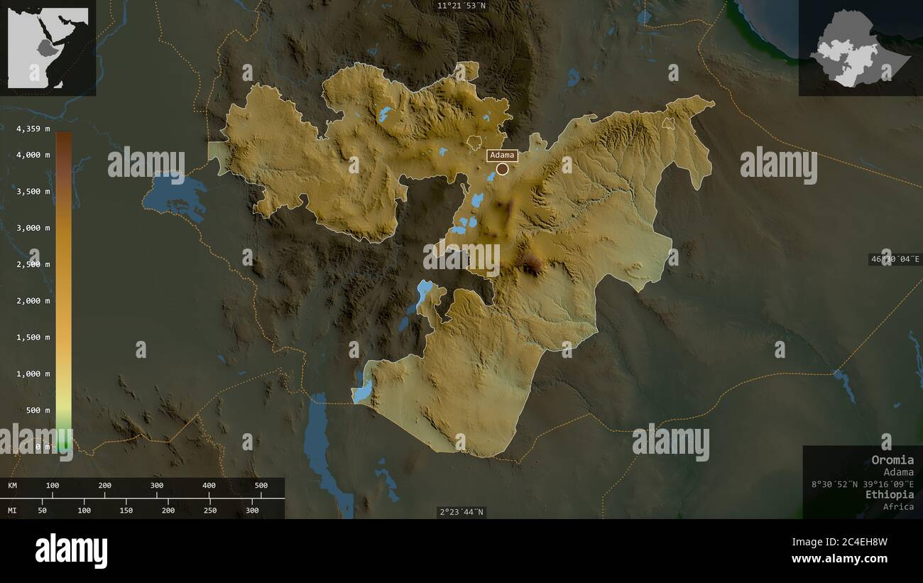 Oromia, state of Ethiopia. Colored shader data with lakes and rivers ...