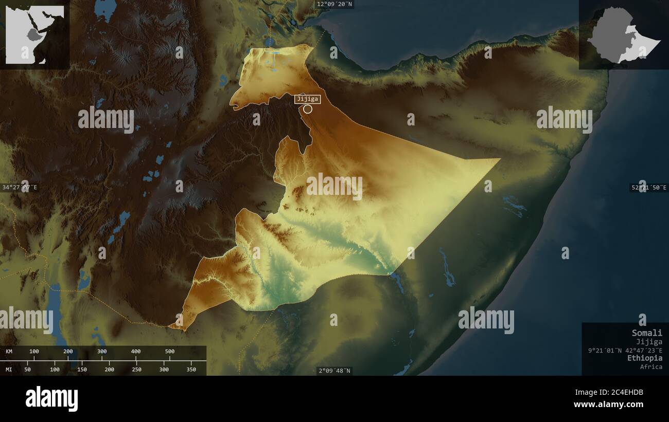 Somali, state of Ethiopia. Colored relief with lakes and rivers. Shape ...