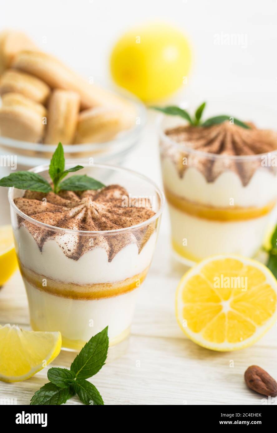 Lemon tiramisu dessert with cocoa and mint Stock Photo - Alamy