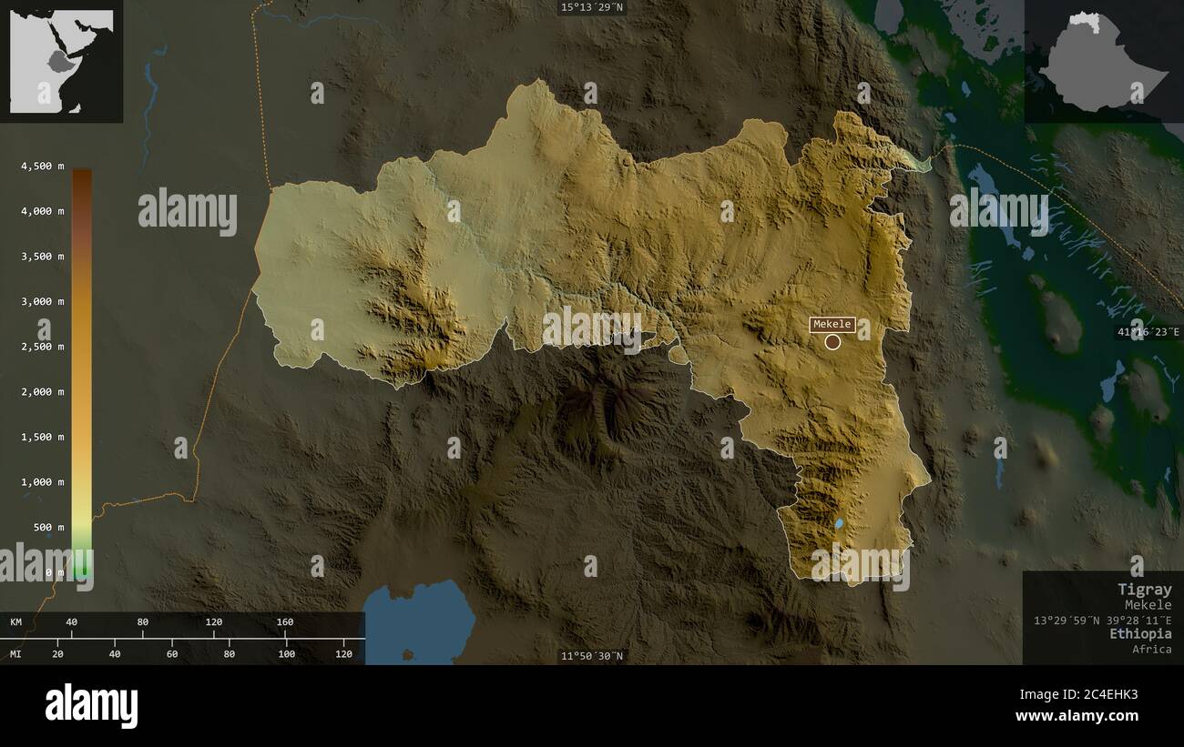 Tigray, state of Ethiopia. Colored shader data with lakes and rivers ...