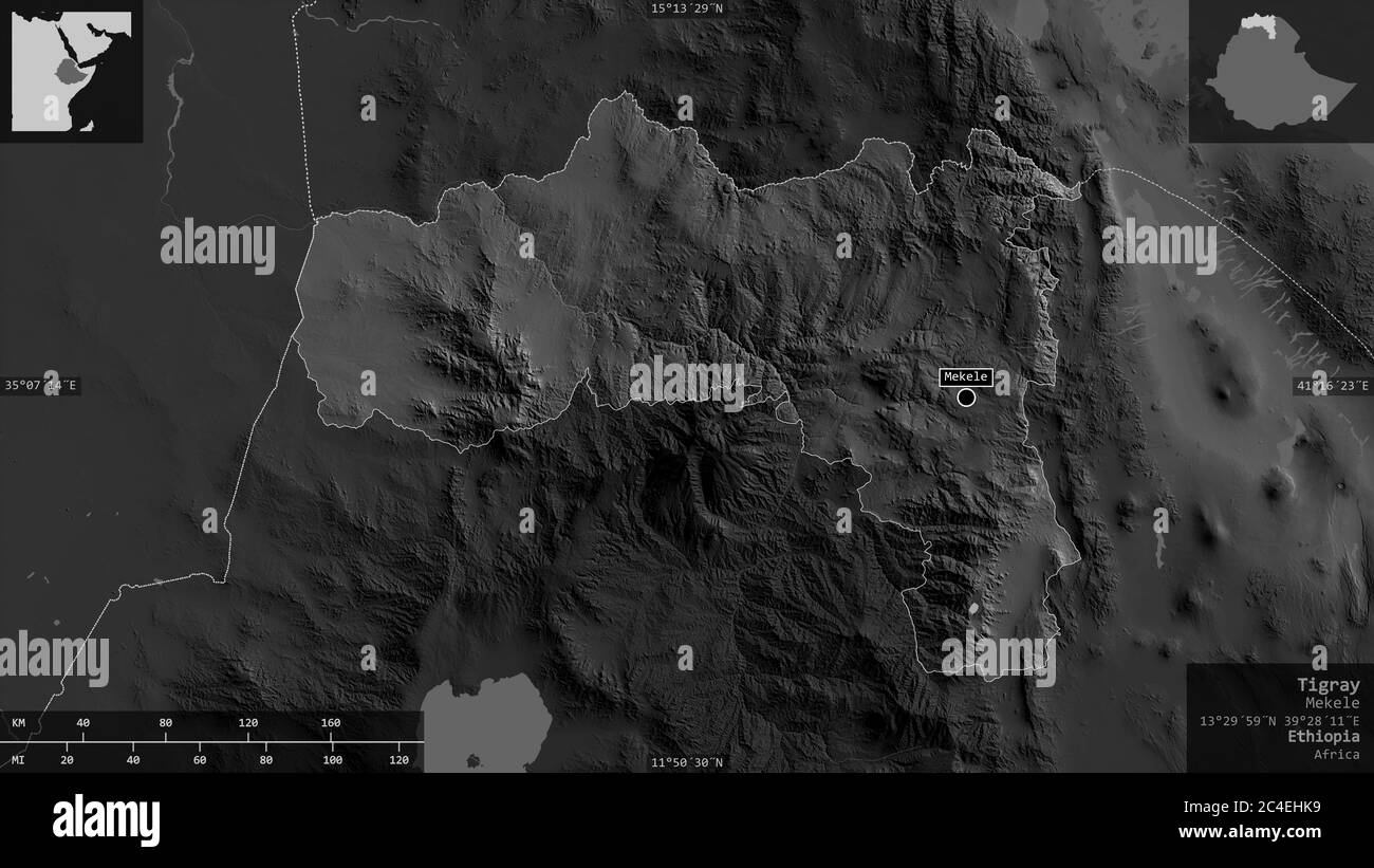 Tigray, state of Ethiopia. Grayscaled map with lakes and rivers. Shape ...