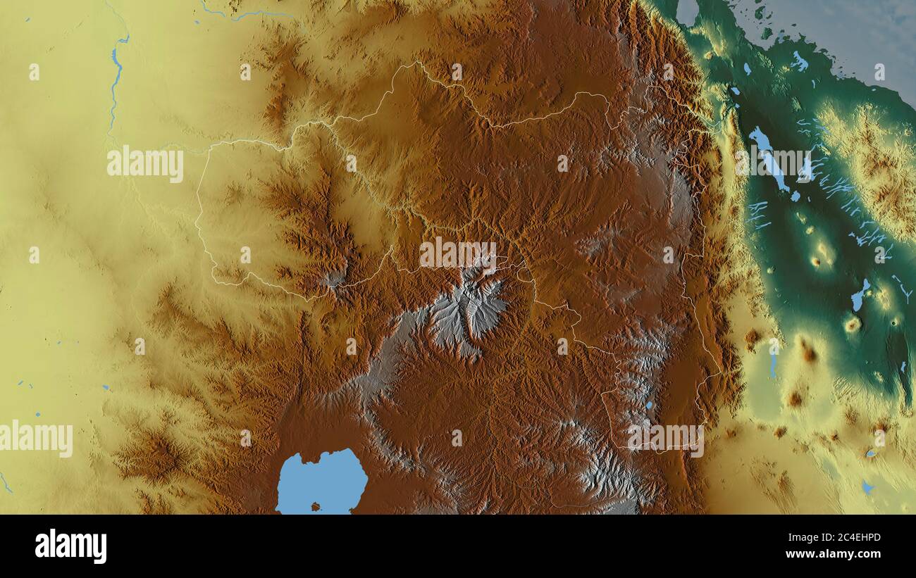 Tigray, state of Ethiopia. Colored relief with lakes and rivers. Shape ...