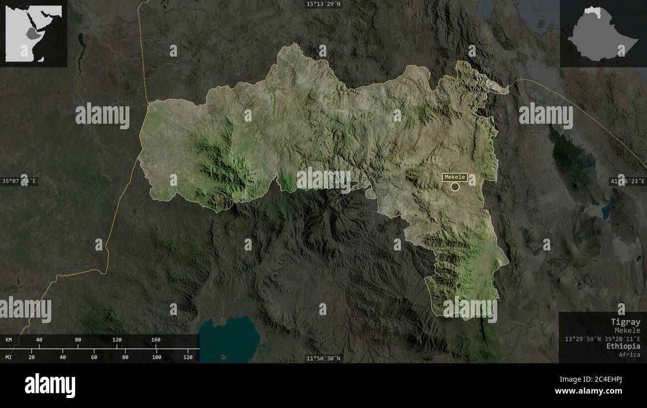 Tigray, state of Ethiopia. Satellite imagery. Shape presented against ...
