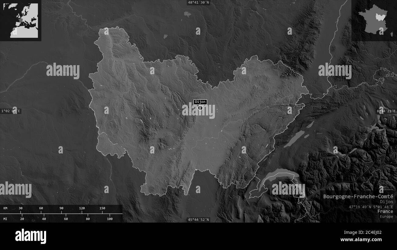 Bourgogne-Franche-Comté, region of France. Grayscaled map with lakes ...