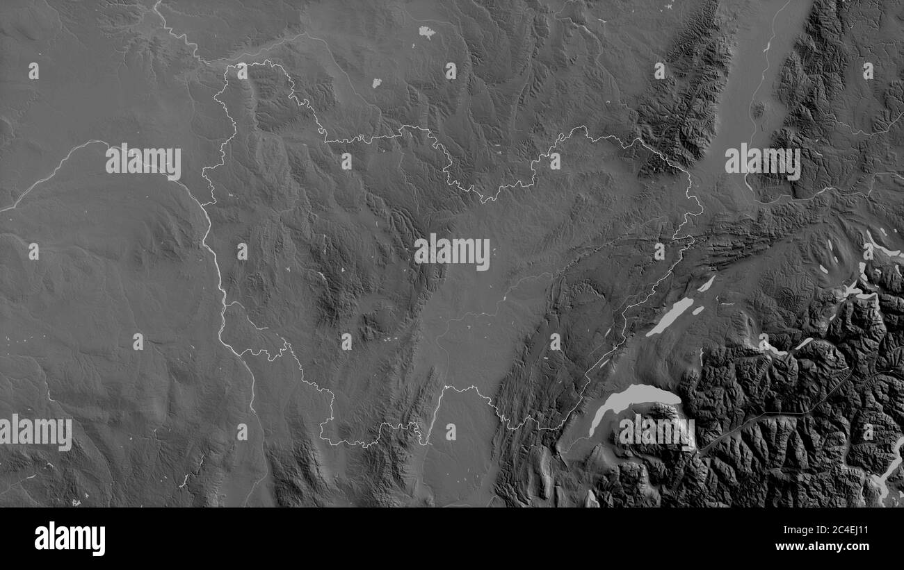 Bourgogne-Franche-Comté, region of France. Grayscaled map with lakes ...