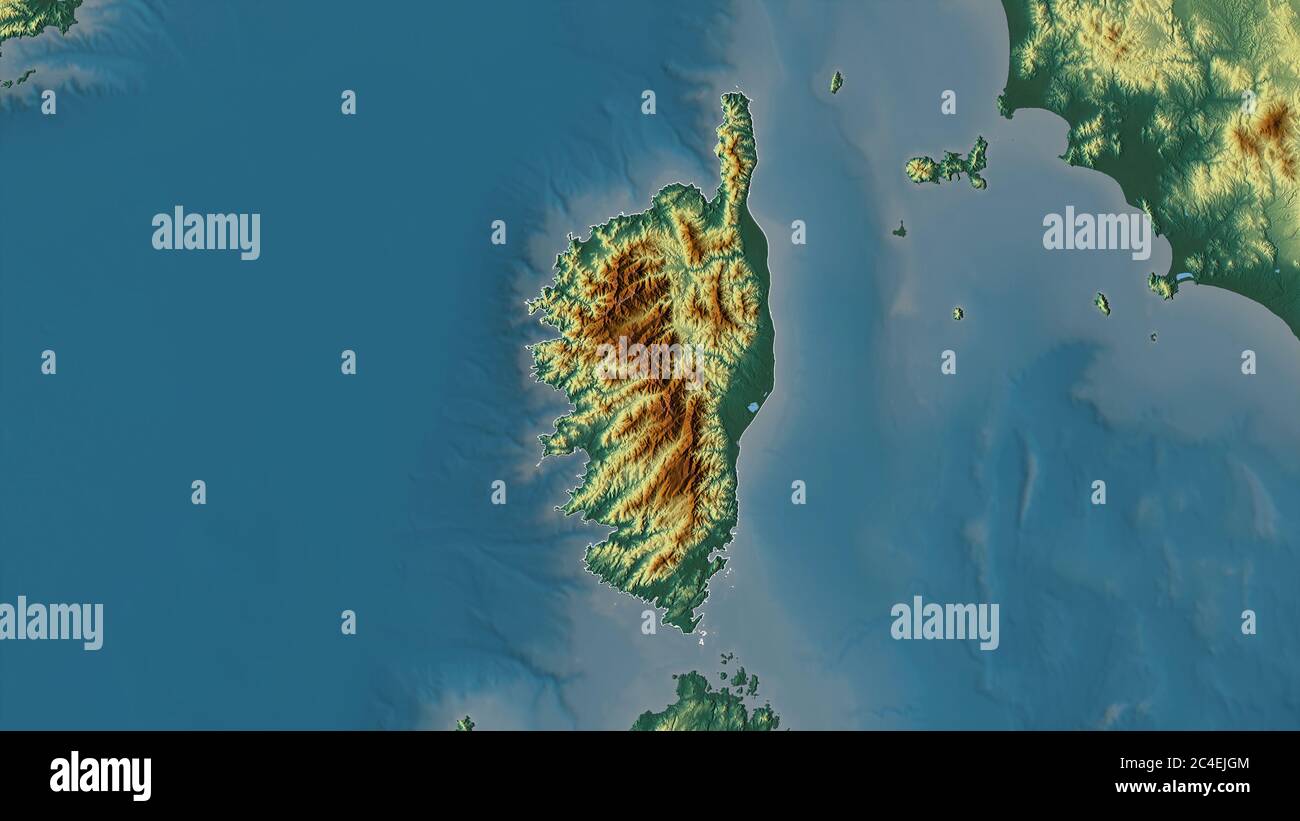 Corse, region of France. Colored relief with lakes and rivers. Shape ...