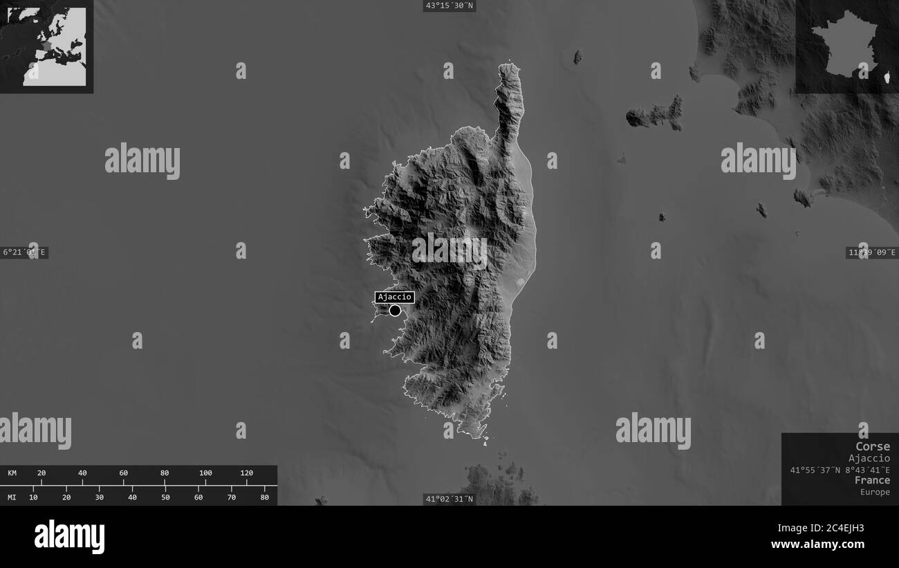 Corse, region of France. Grayscaled map with lakes and rivers. Shape ...