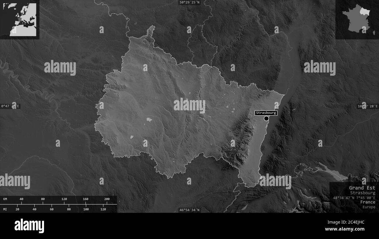 Grand Est, region of France. Grayscaled map with lakes and rivers ...