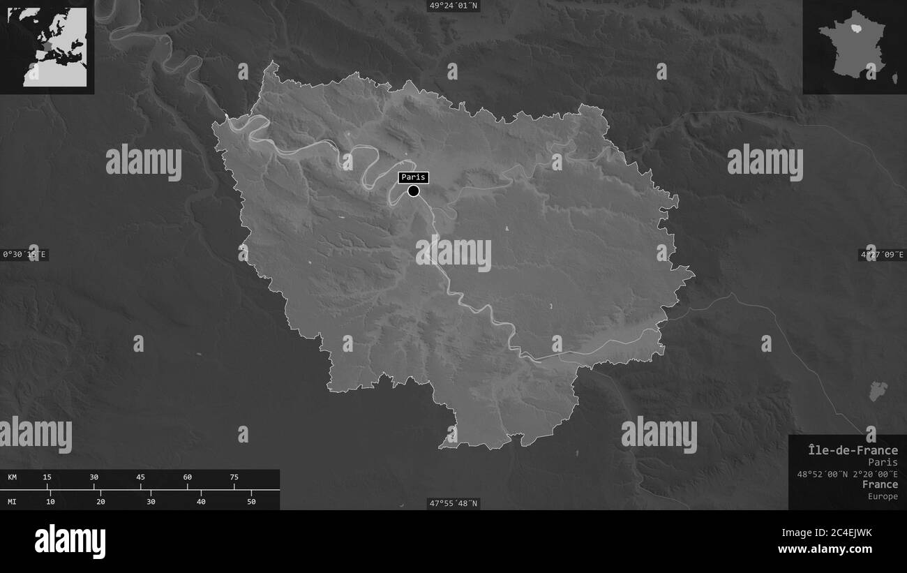 Île-de-France, region of France. Grayscaled map with lakes and rivers ...