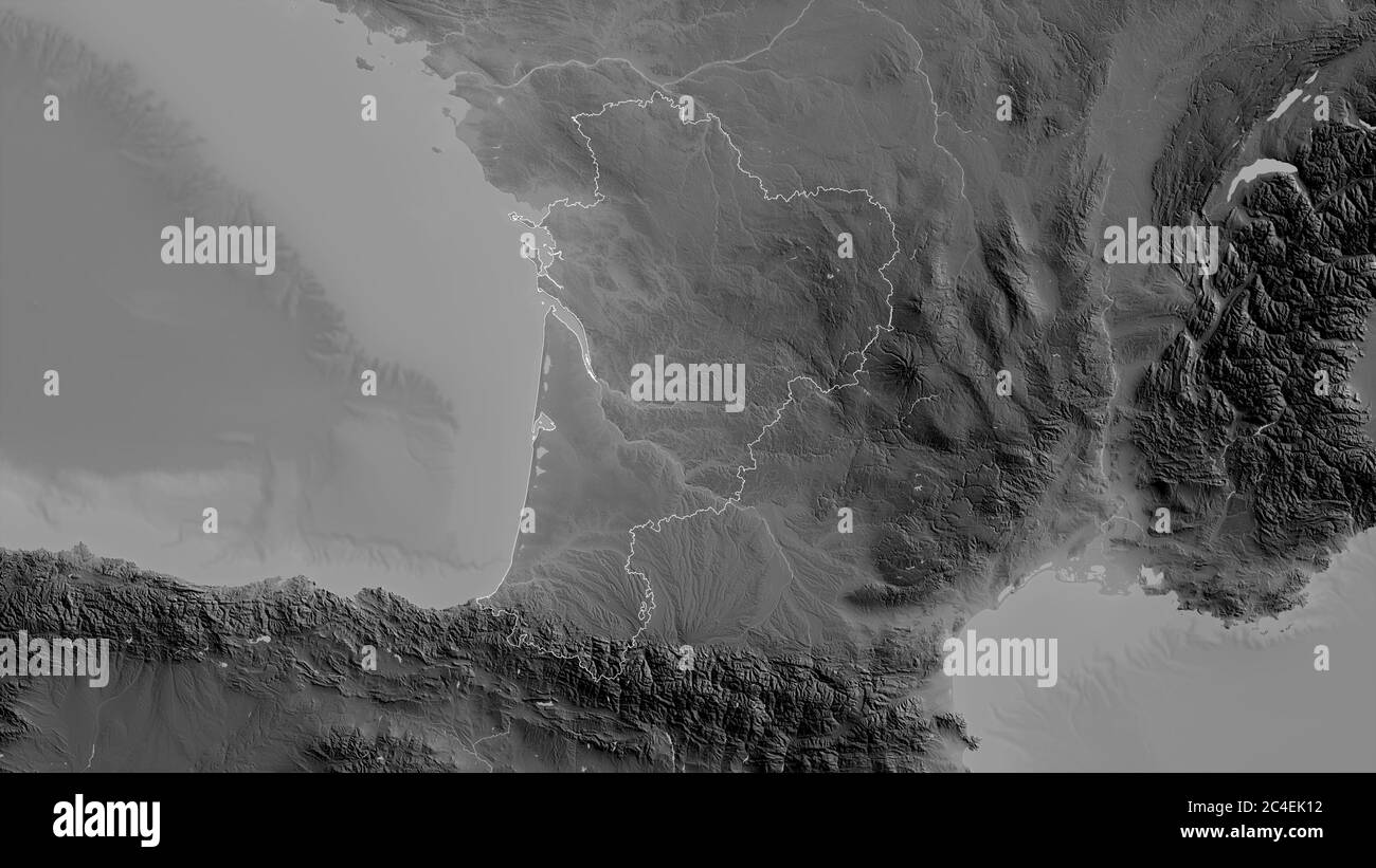 Nouvelle-Aquitaine, region of France. Grayscaled map with lakes and ...