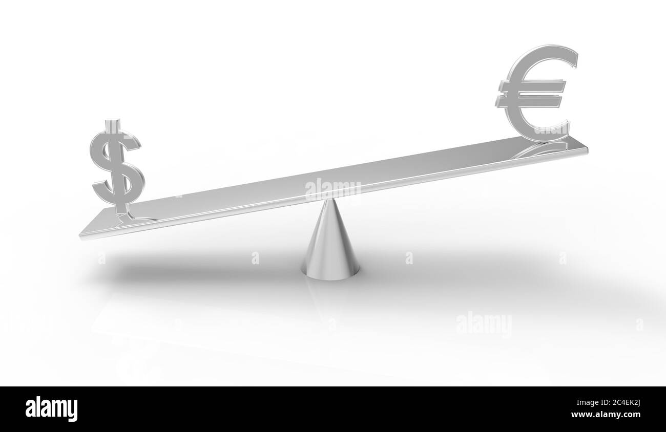 3D illustration of Dollar and Euro signs on a beam balance Stock Photo ...