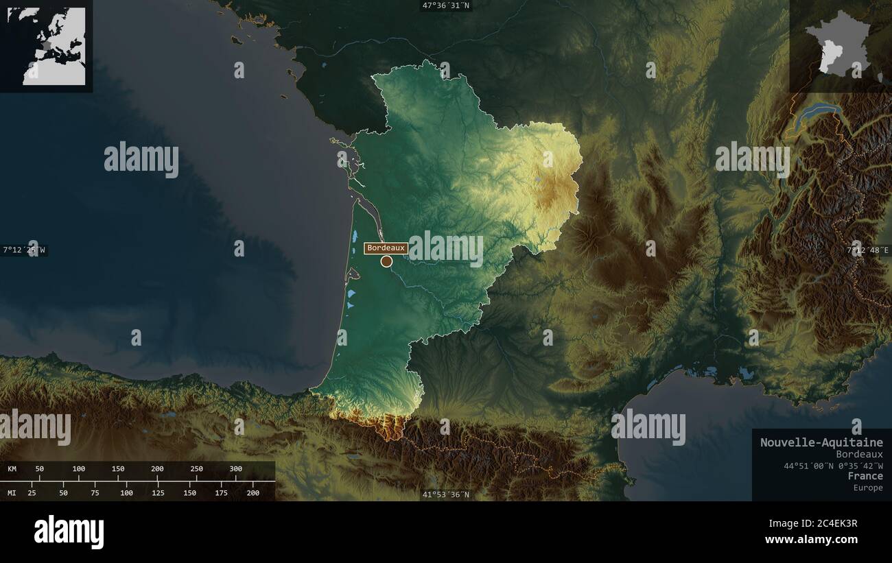 Nouvelle-Aquitaine, region of France. Colored relief with lakes and ...