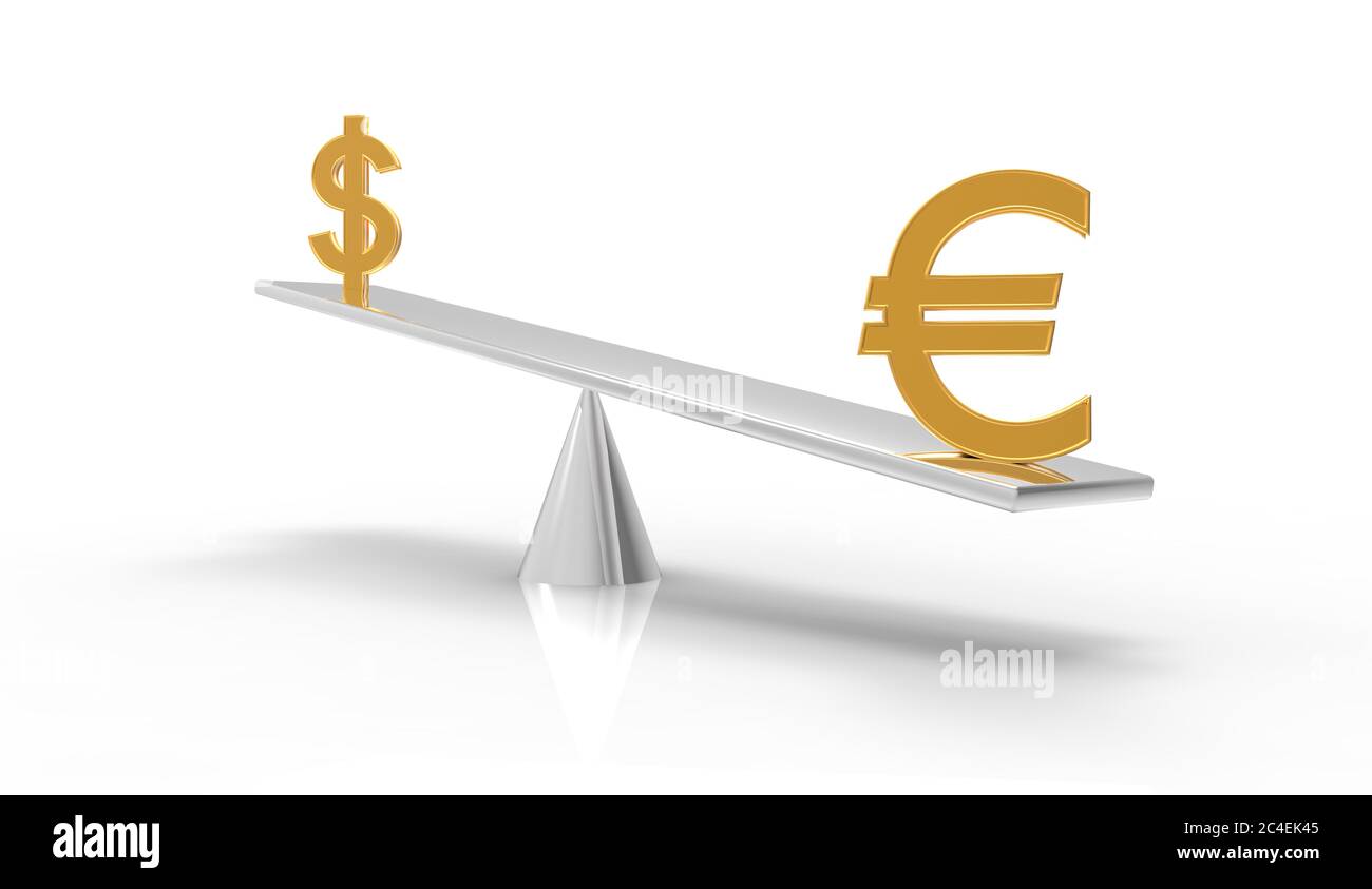 3D illustration of Dollar and Euro signs on a beam balance Stock Photo ...
