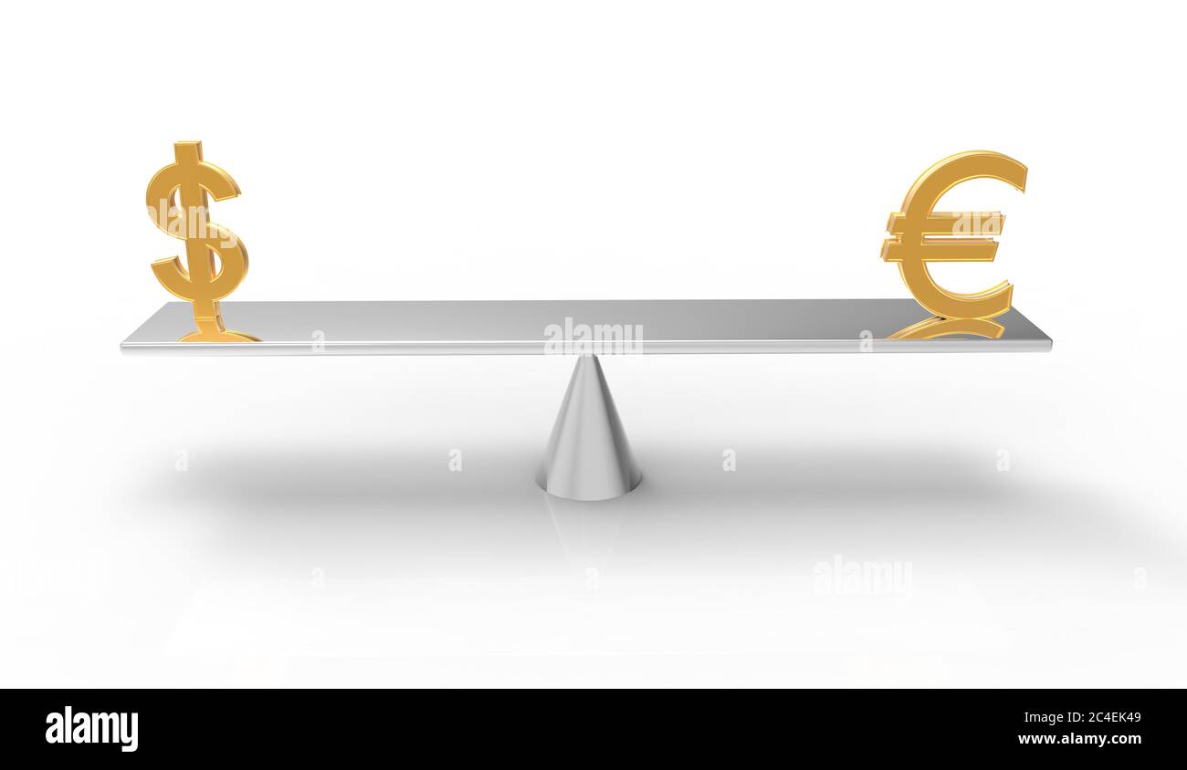 3D illustration of Dollar and Euro signs on a beam balance Stock Photo ...