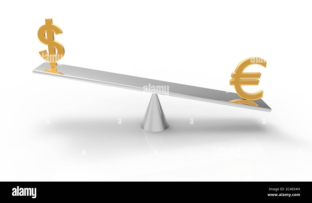 3D illustration of Dollar and Euro signs on a beam balance Stock Photo ...