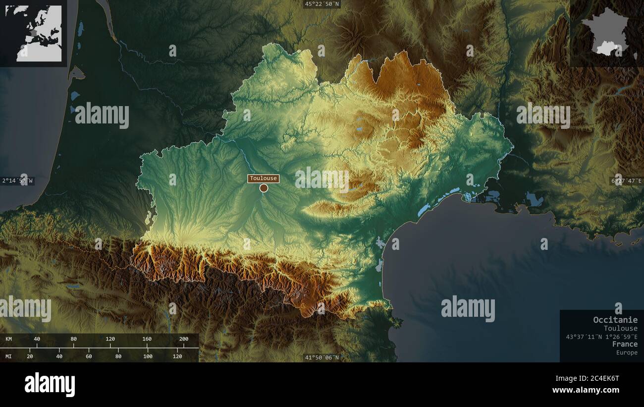 Occitanie, region of France. Colored relief with lakes and rivers ...