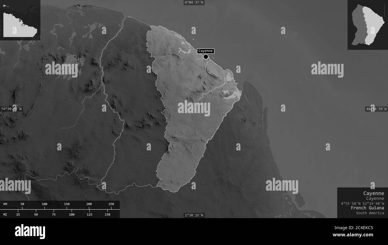Cayenne, arrondissement of French Guiana. Grayscaled map with lakes and ...