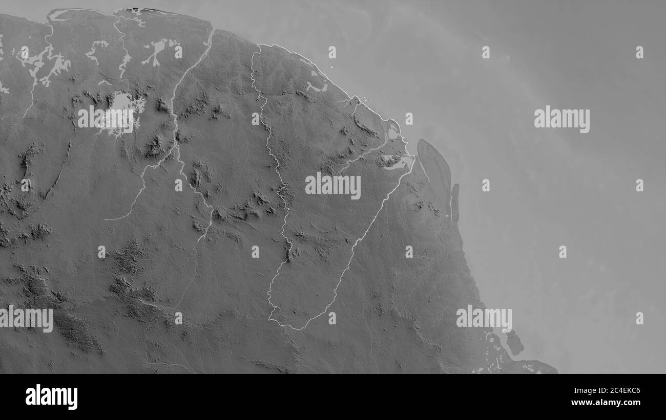 Cayenne, arrondissement of French Guiana. Grayscaled map with lakes and ...