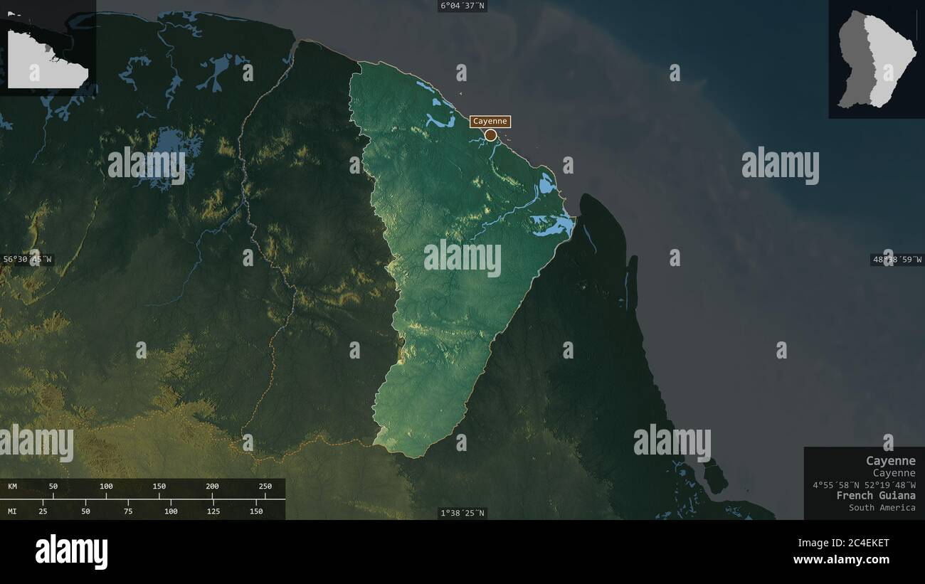 Cayenne, arrondissement of French Guiana. Colored relief with lakes and ...