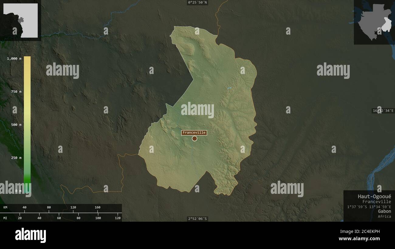 Haut-Ogooué, province of Gabon. Colored shader data with lakes and ...