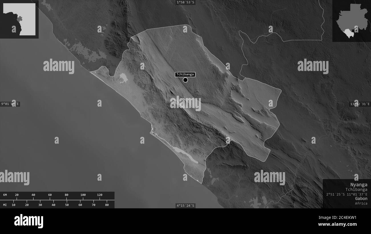 Nyanga, province of Gabon. Grayscaled map with lakes and rivers. Shape ...