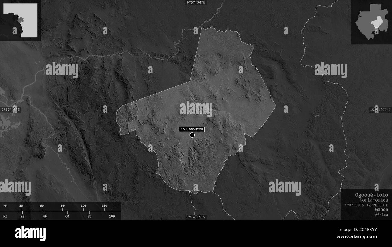 Ogooué-Lolo, province of Gabon. Grayscaled map with lakes and rivers ...