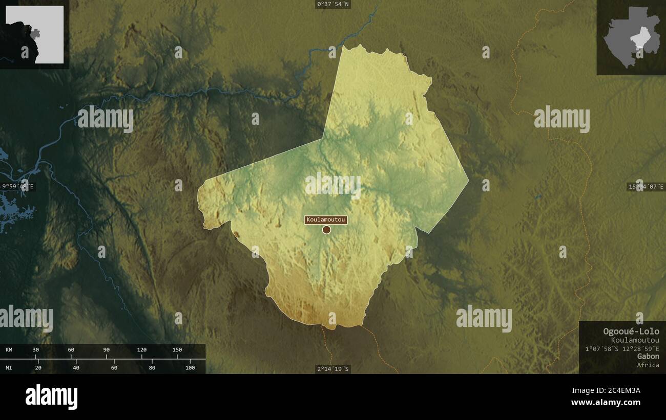 Ogooué-Lolo, province of Gabon. Colored relief with lakes and rivers ...