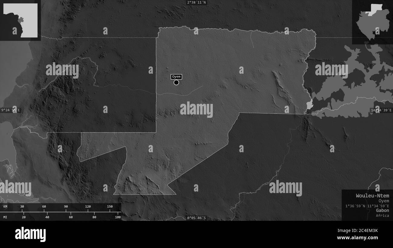 Wouleu-Ntem, province of Gabon. Grayscaled map with lakes and rivers ...