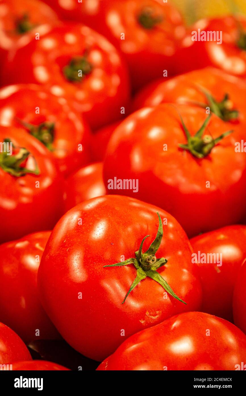 Bright red tomatoes on display at a farmers market stall Stock Photo ...