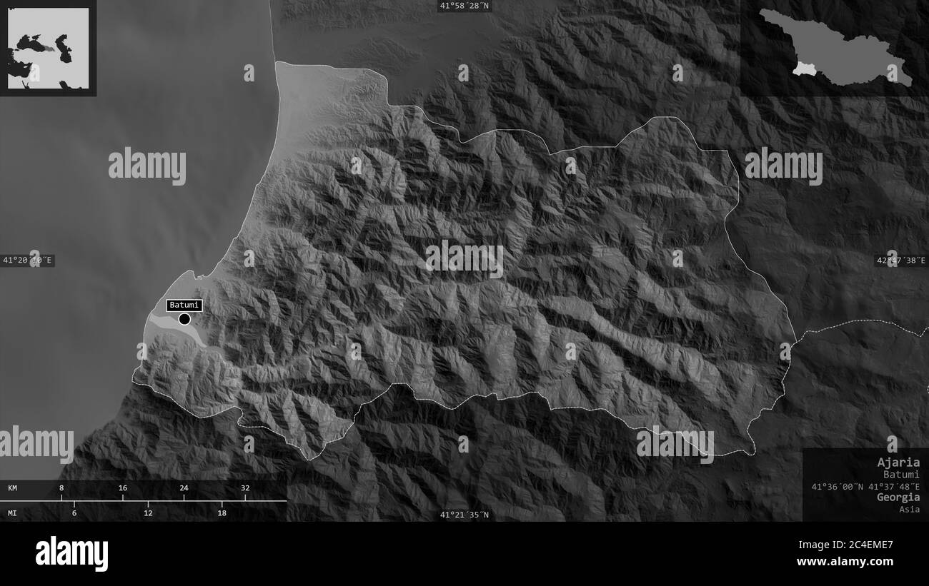 Ajaria, autonomous republic of Georgia. Grayscaled map with lakes and ...