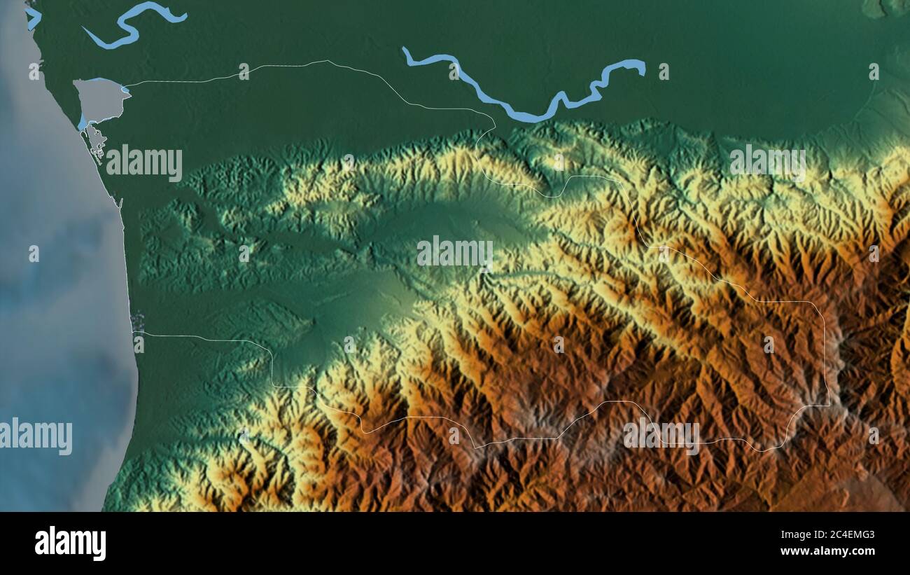 Guria, region of Georgia. Colored relief with lakes and rivers. Shape ...