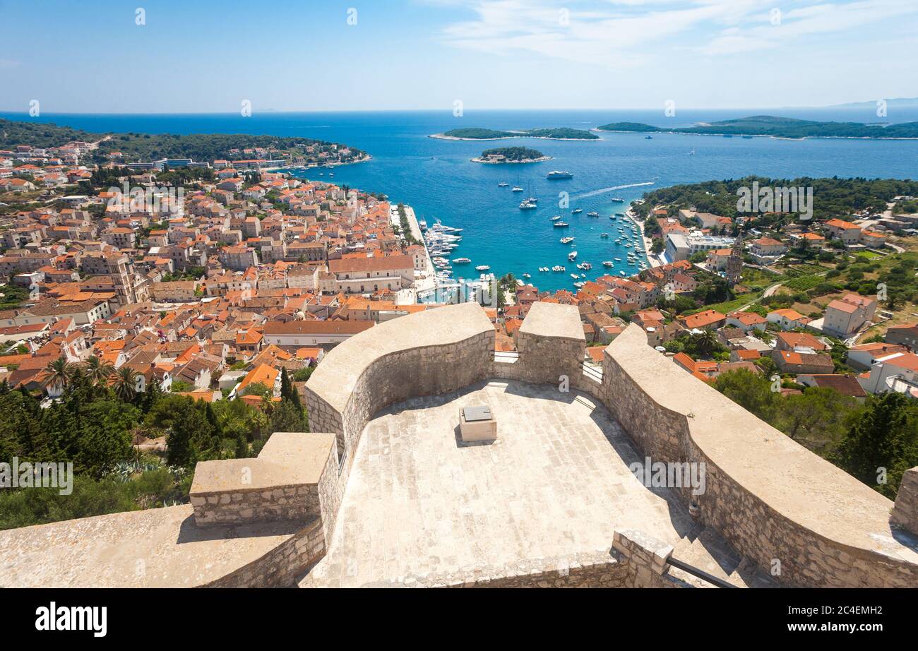 Wide angle aerial view of Hvar city and the bay from the Spanish ...