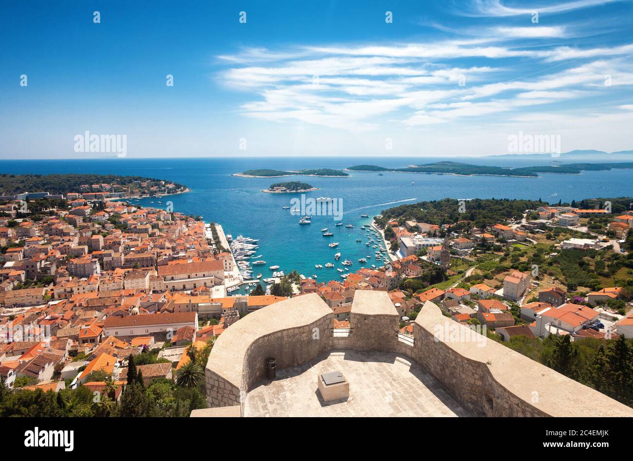 Wide angle aerial view of Hvar city and the bay from the Spanish ...