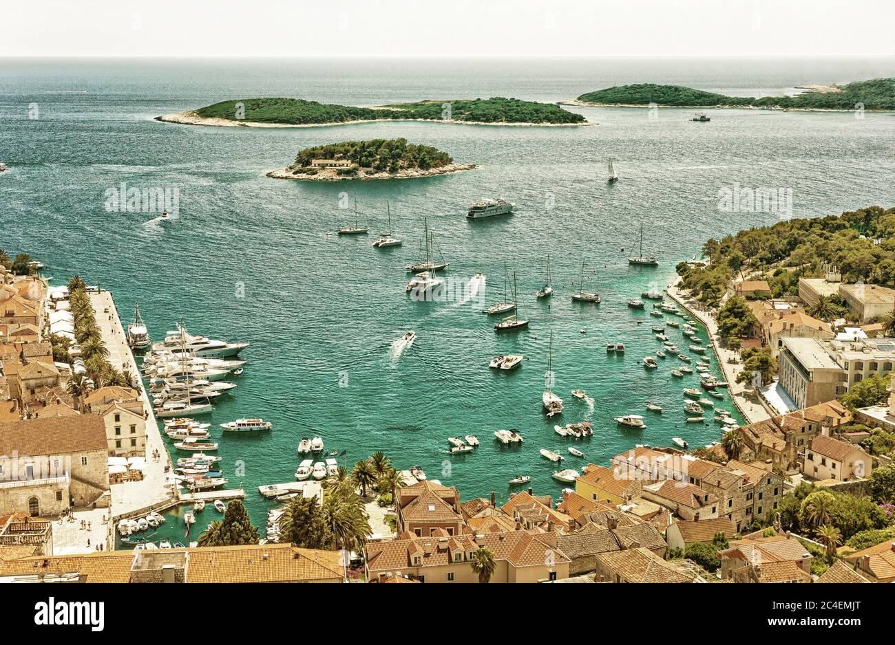 Aerial view of Hvar's harbor. Hvar is one of the most popular touris ...