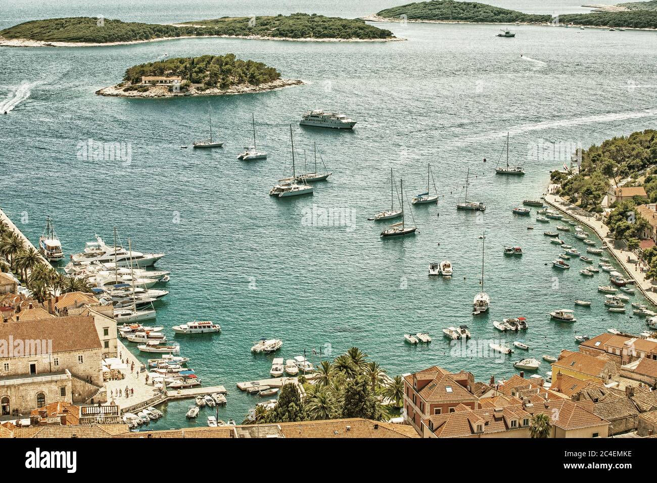 Hvar city harbor from the spanish fortress in Croatia (HDR image with ...
