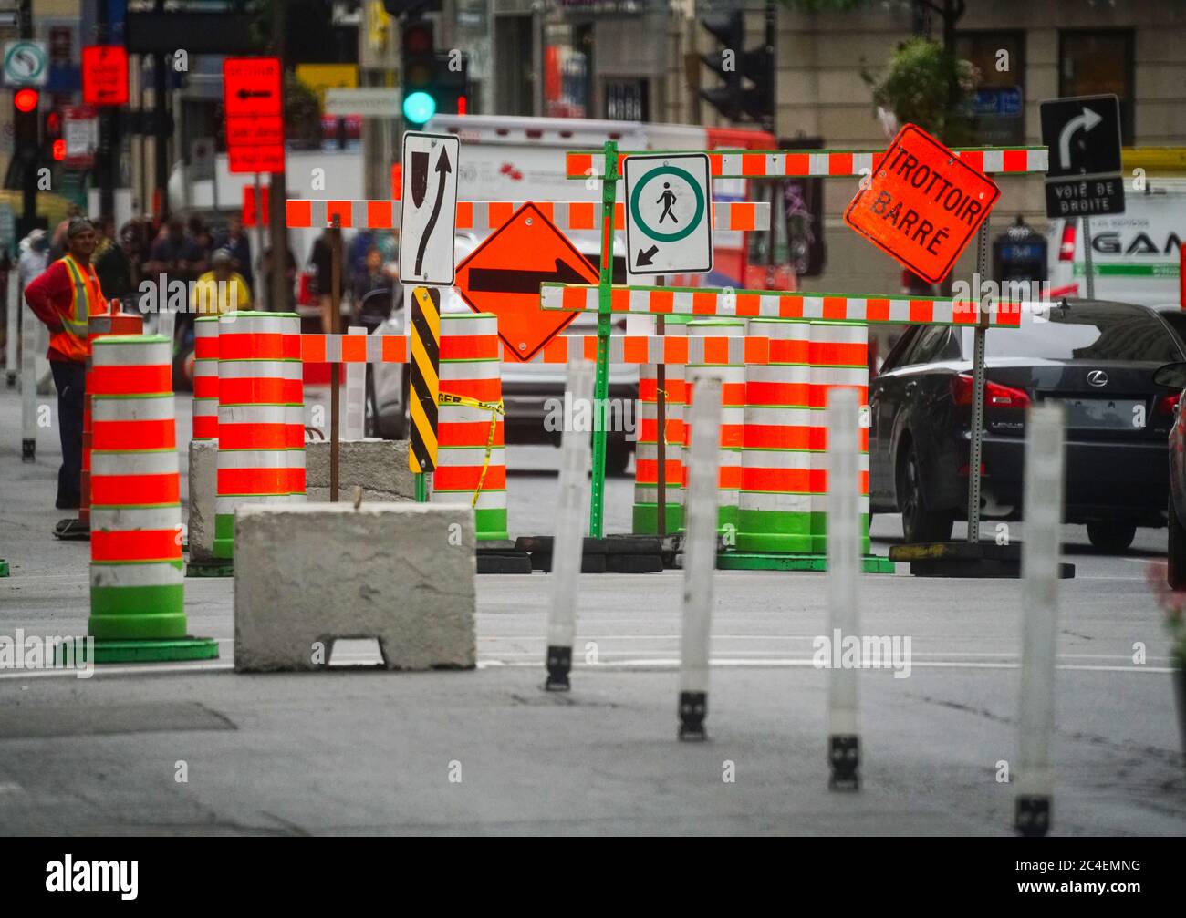 Montreal,Quebec,Canada,June 26, 2020.Construction and detour signs in ...