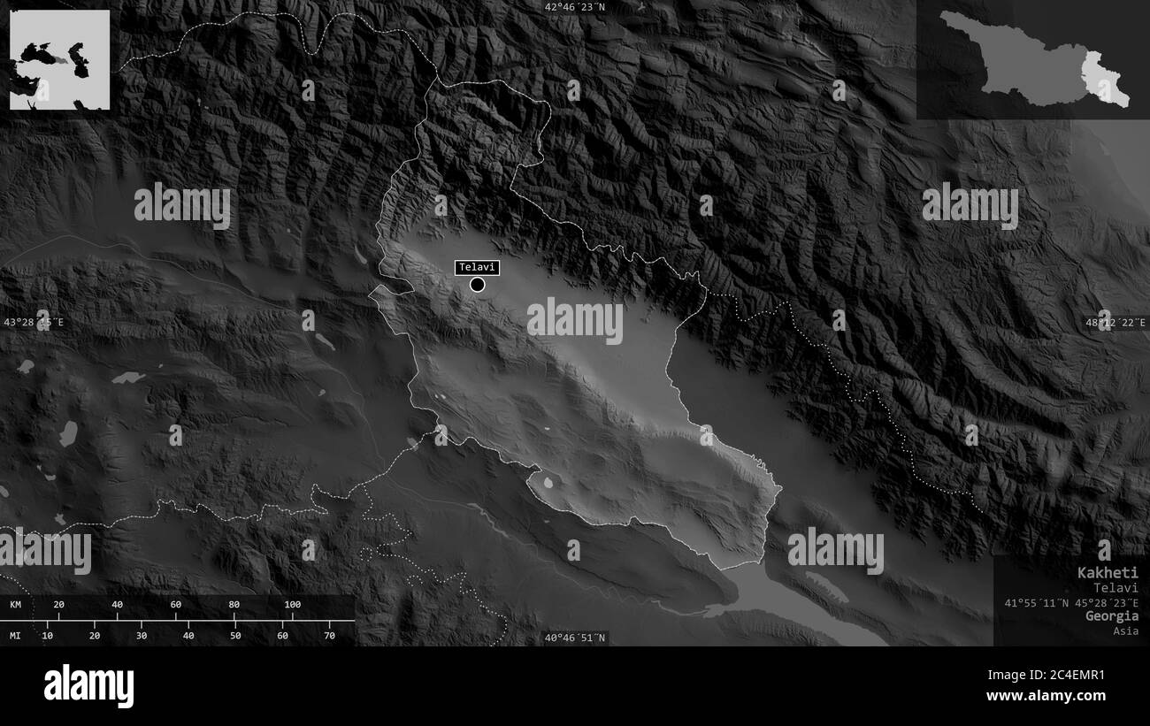 Kakheti, region of Georgia. Grayscaled map with lakes and rivers. Shape ...