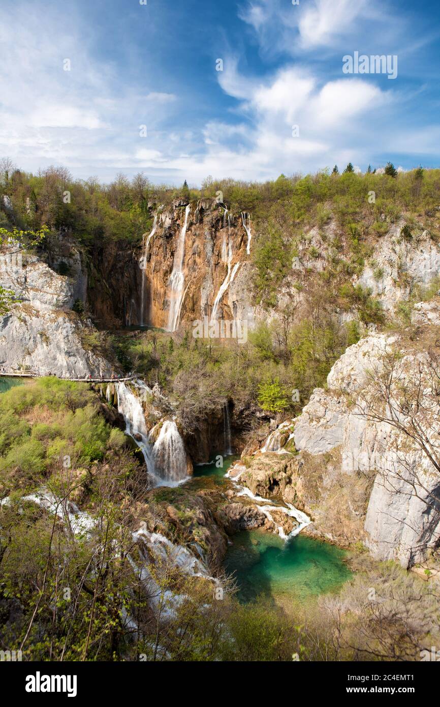 Panoramic view of the Big waterfall and other cascade waterfalls in ...