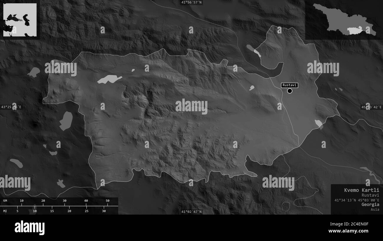 Kvemo Kartli, region of Georgia. Grayscaled map with lakes and rivers ...
