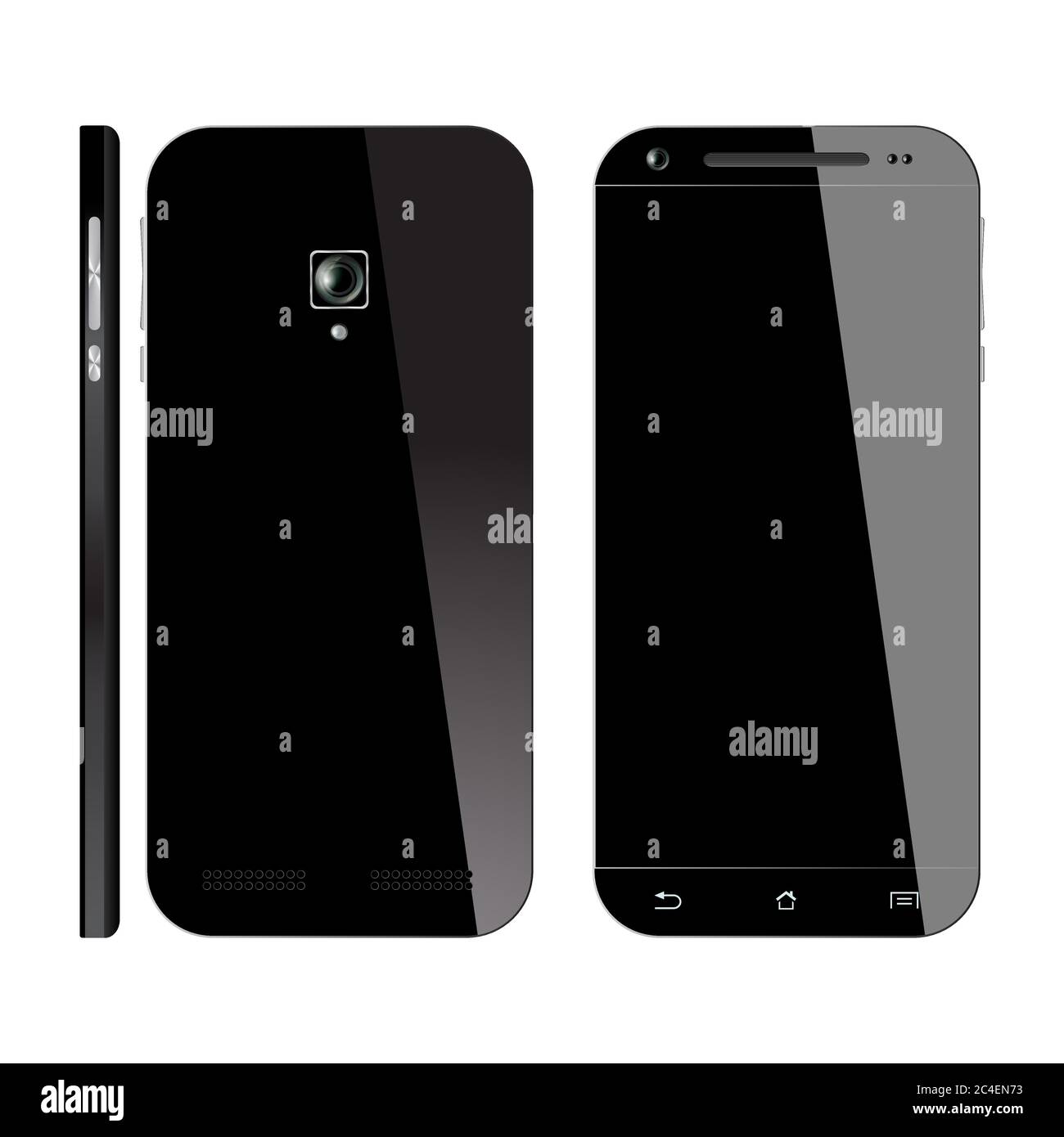 Black smartphone front, back and side view isolated on white background ...